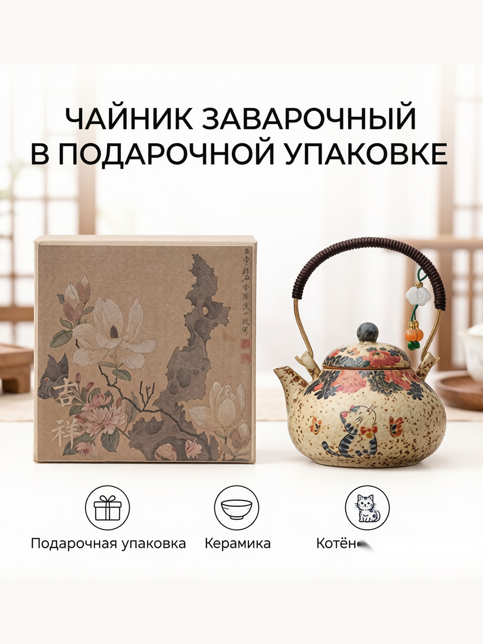 Чайник заварочный керамический с рисунком котёнка, китайский чайник с ручкой-дужкой, подарок в упаковке