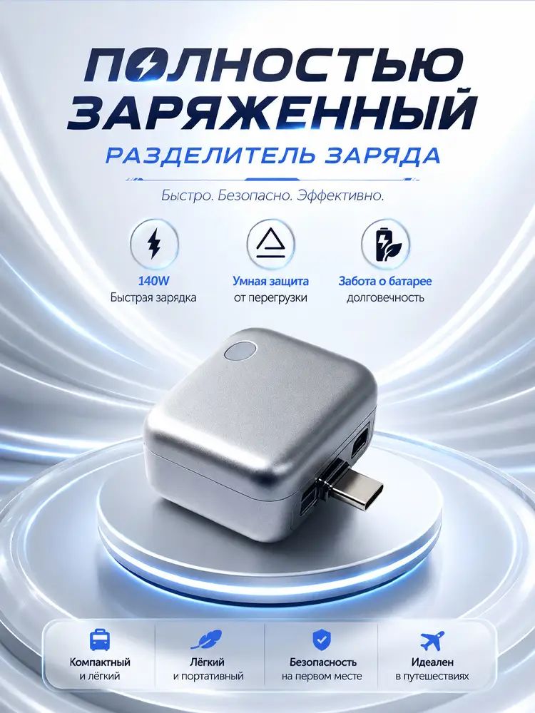 Умный Type-C адаптер 140W с автоотключением, PD/QC быстрая зарядка и защита батареи-