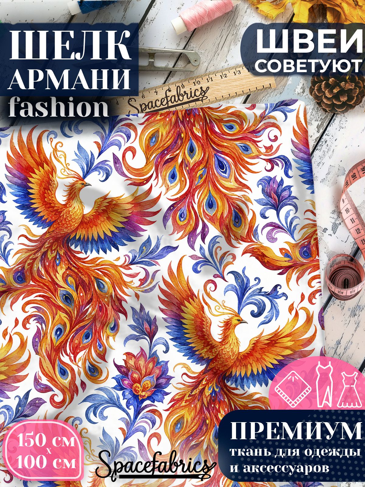 Ткань для шитья шелк Армани, искусственный атлас шелк для костюмов, платьев, юбок с принтом Жар-птица
