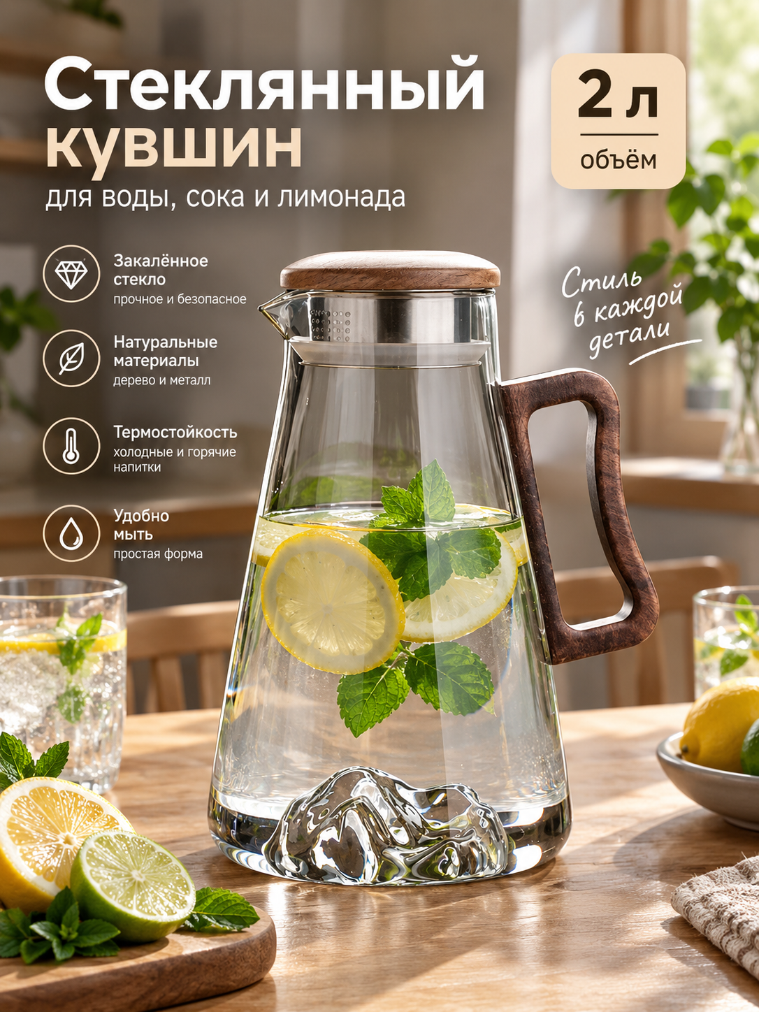 Кувшин стеклянный закалённый 2 л с крышкой и деревянной ручкой для воды, сока и лимонада