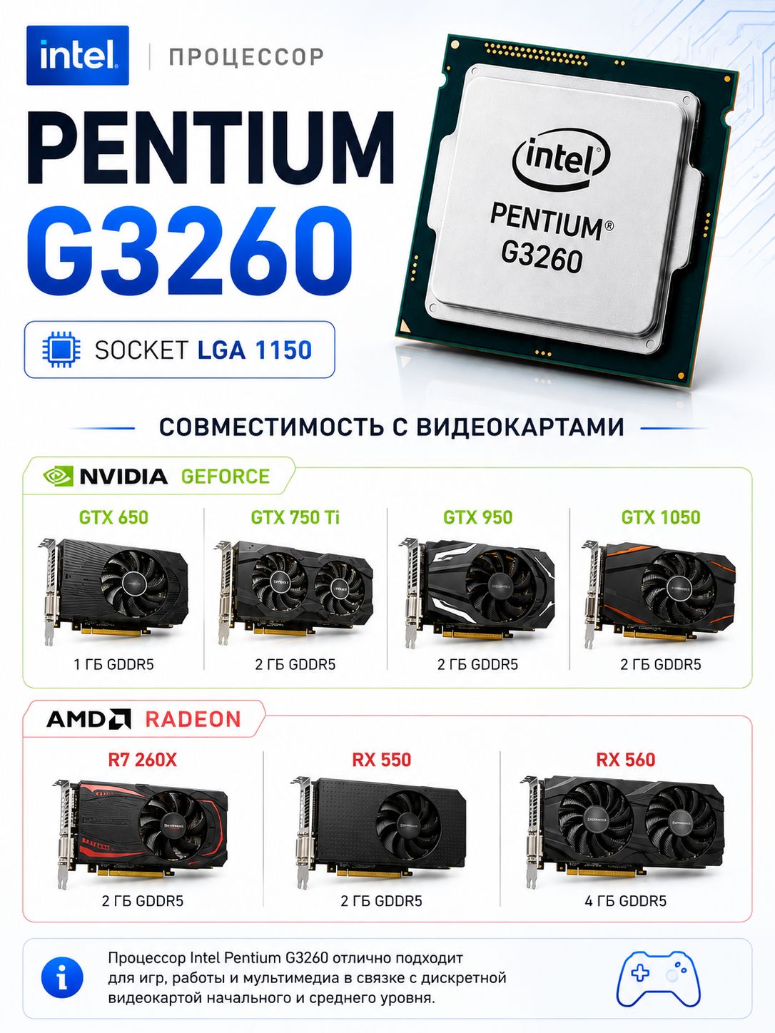Процессор Intel Pentium G3260 OEM LGA1150, 2 ядра, 2 потока, до 3.3 ГГц, DDR3 — фото 1