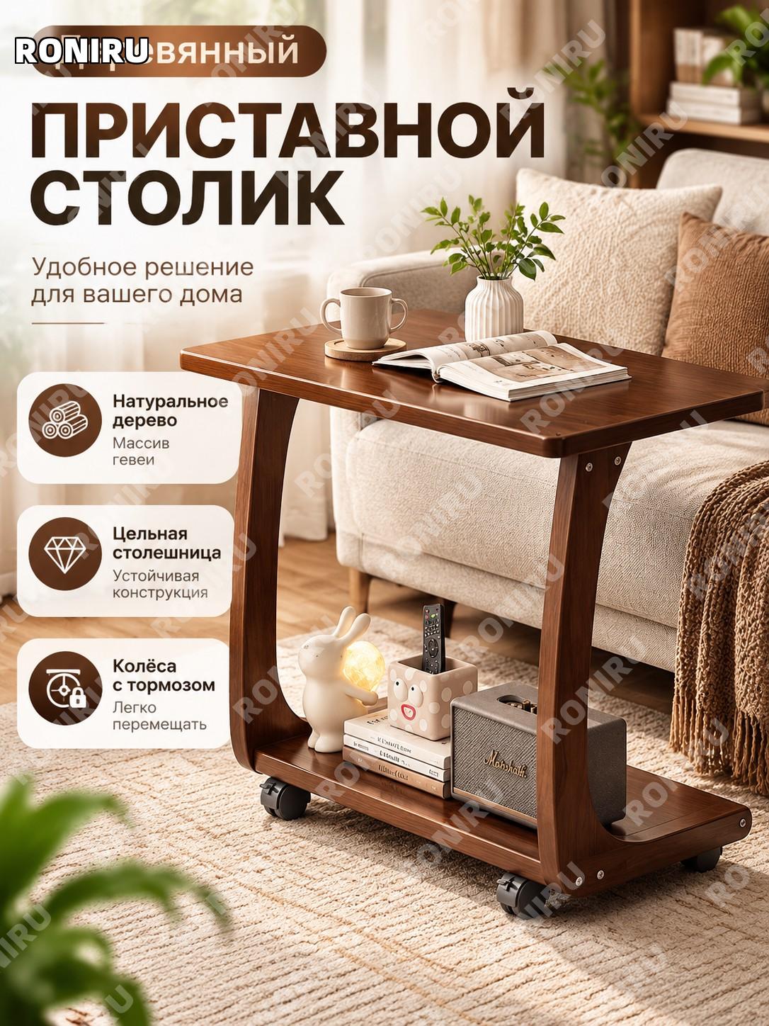 C-образный столик с колесами из массива дерева 80 см, тумба у дивана, каучуковое дерево, светлый орех с тормозом