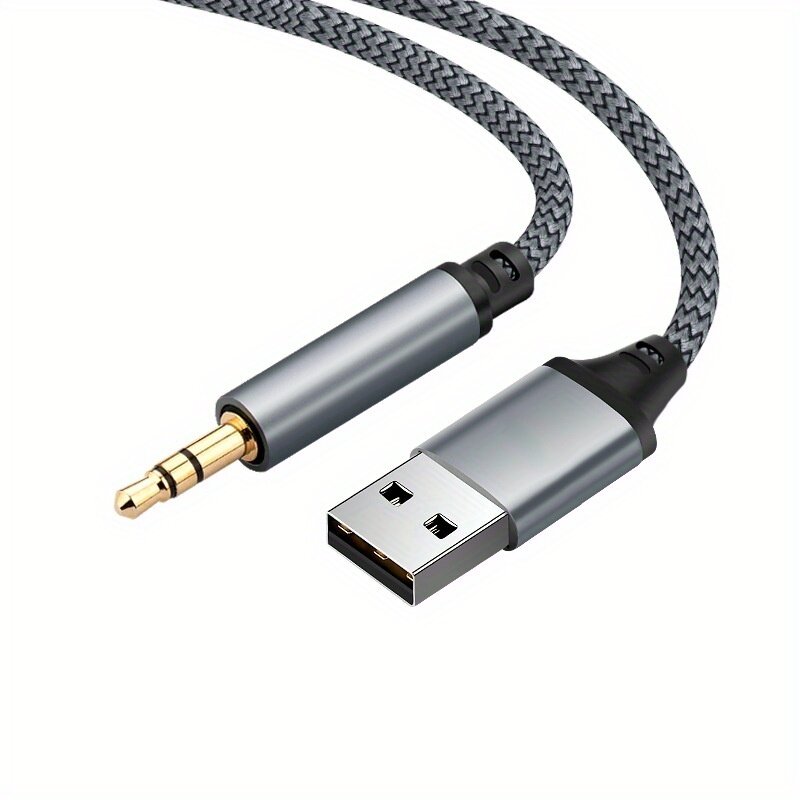Аудиокабель USB-A на 3.5 мм, переходник AUX папа-папа для ноутбуков, ПК, ТВ и автомобилей, в тканевой оплетке с золотым покрытием разъема, серый