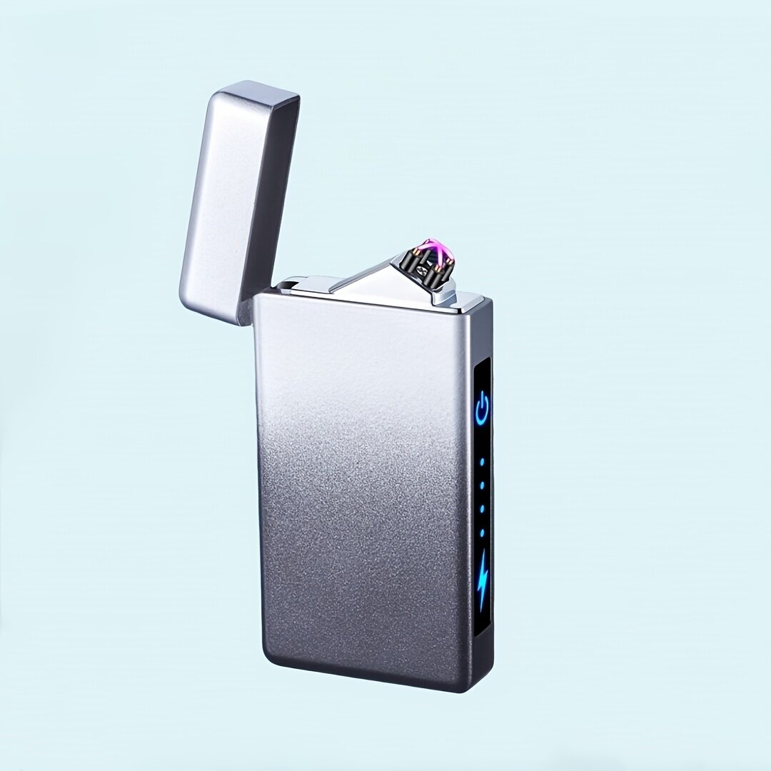 Электронный зажигатель с USB-зарядкой, ветрозащитный двойной дуговой импульсный зажигатель с индикацией уровня заряда LED, серебристо-серый