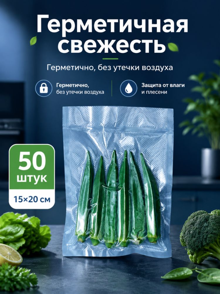 Пакеты для вакууматора рифленые, для хранения и заморозки продуктов, прозрачные 15х20 50 штук