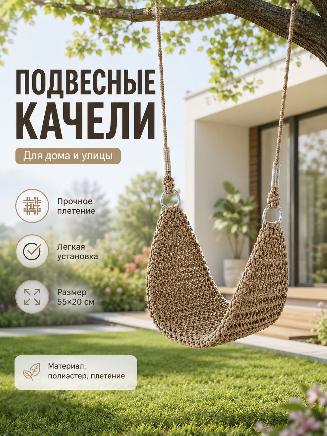 Детские подвесные качели 55×20 см, плетёные из полиэстера, с ремнями и карабинами для сада и парка