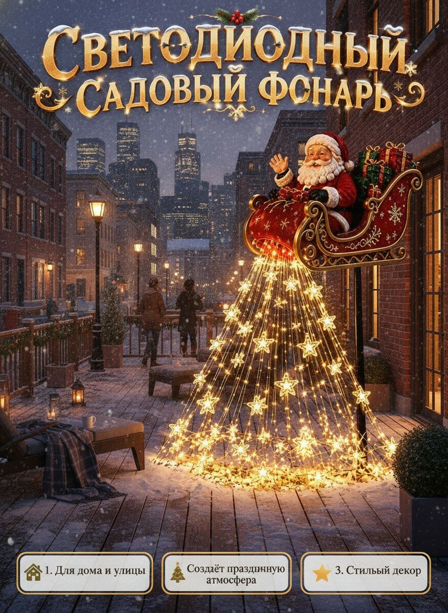 Садовый светильник Дед Мороз на санях LED уличный декор для двора, Материалы: смола и металл, Размер: 60x25x10 см
