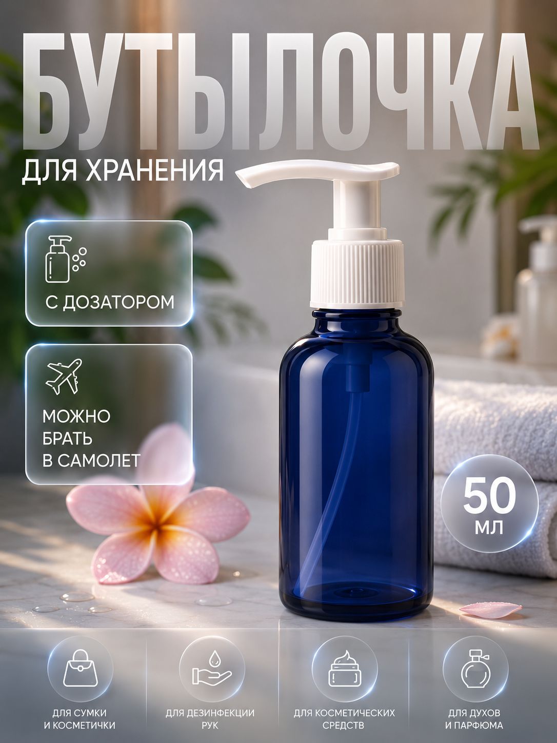 Бутылочка-дозатор 50 мл с помпой, дорожный косметический флакон, синий/белый