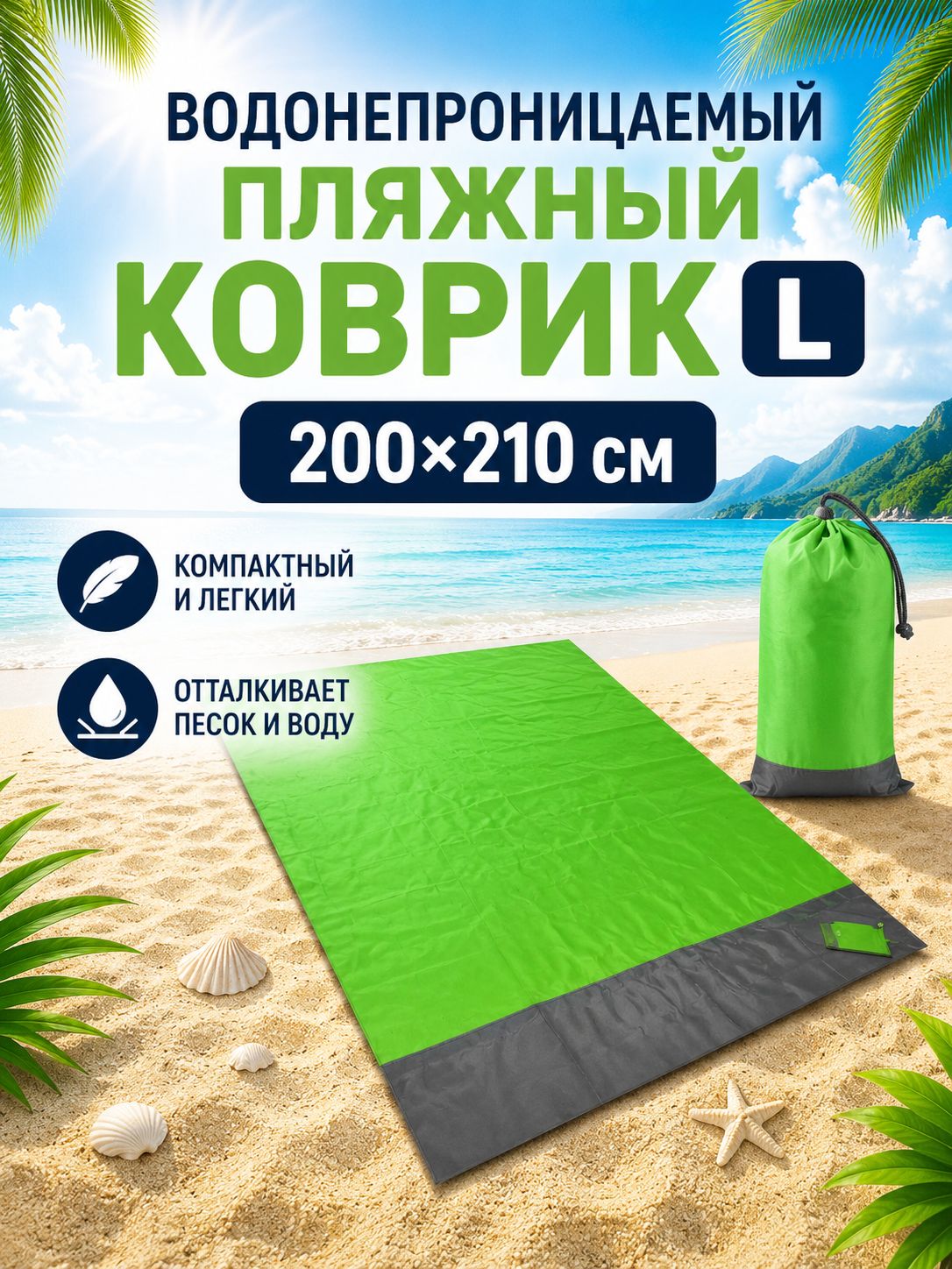 Водонепроницаемый пляжный коврик 200х210 L, салатовый