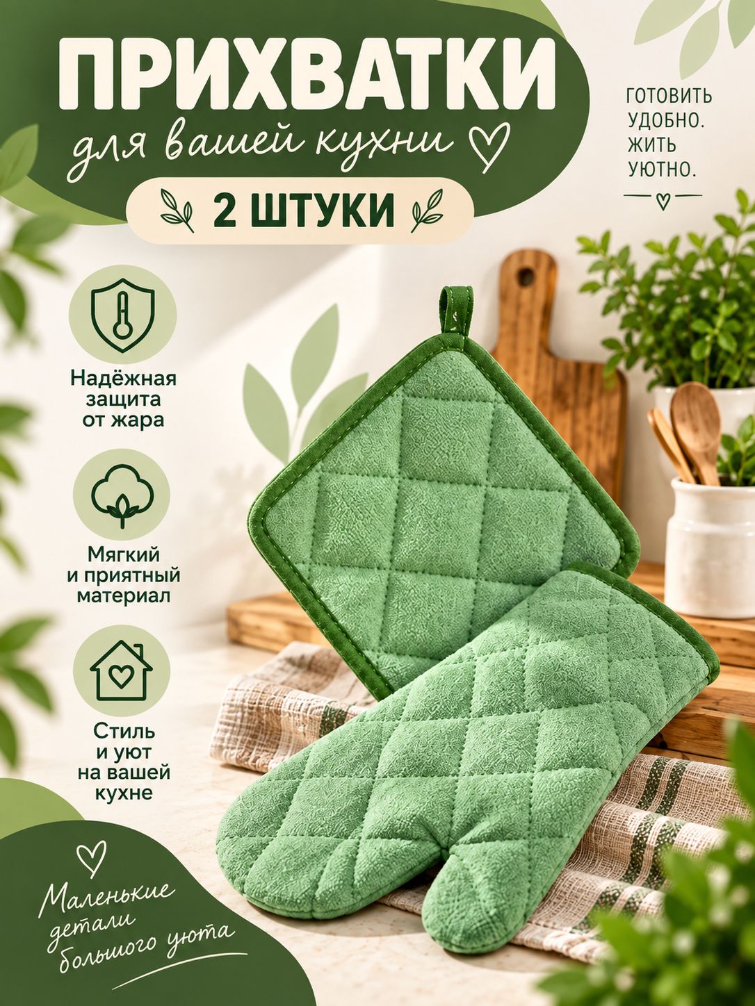 Прихватки для кухни / Кухонная варежка и прихватка, 17х17 и 27х17 см, фисташковый