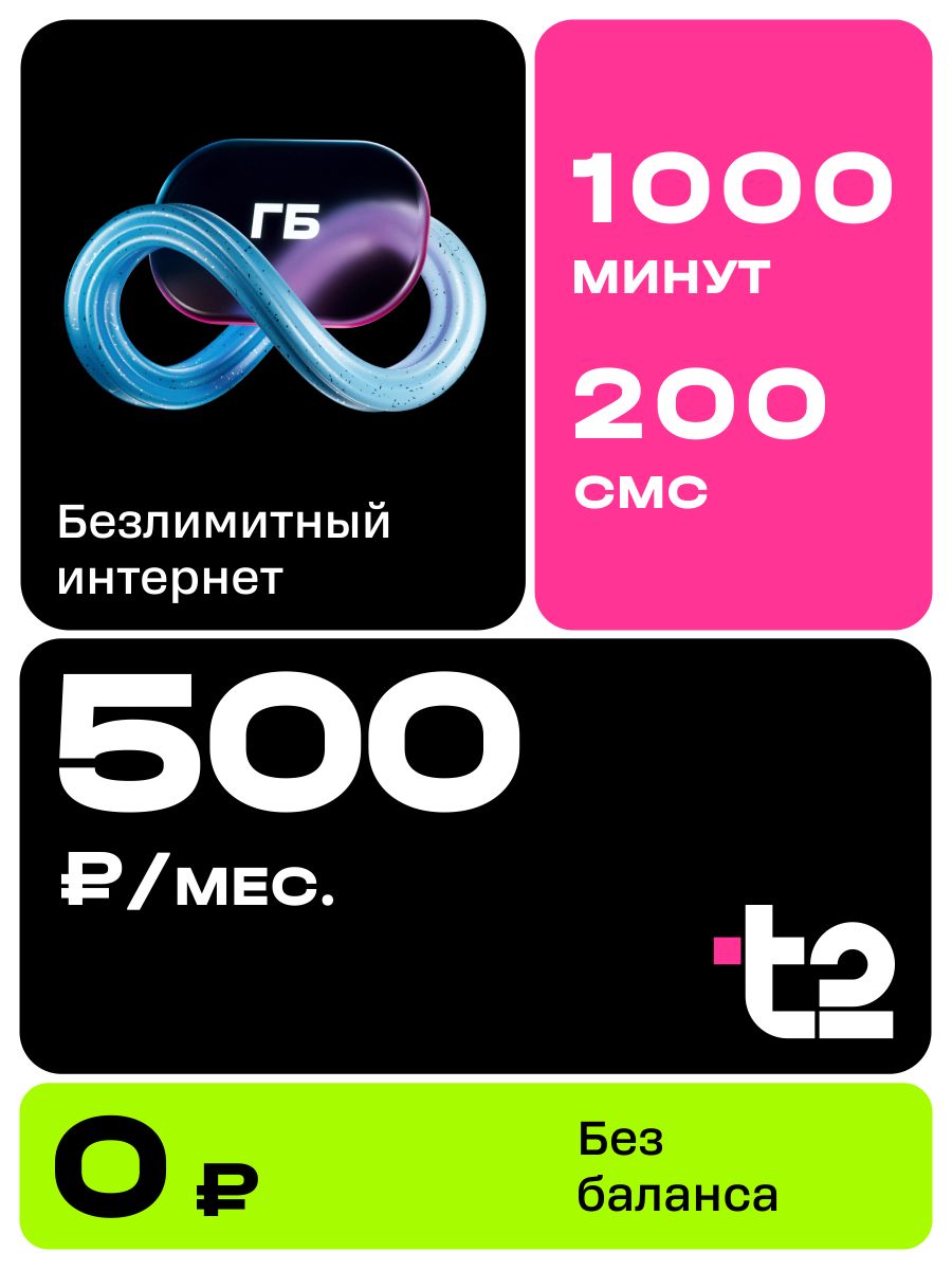 Сим карта теле 2 безлимитный интернет для телефона, роутера, модема c раздачей / Тариф без баланса; 1000 минут, 200 смс, 500 руб./мес. / sim t2 с переносом номера для новых абонентов