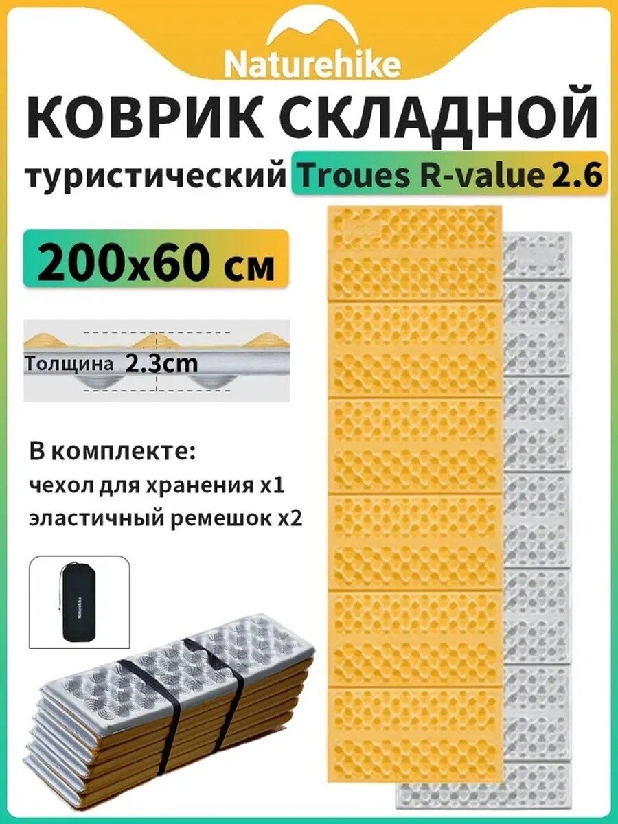 Коврик гармошка туристический складной односпальный (каремат) Naturehike Troues R-value 2.6, 200x60x2.3см