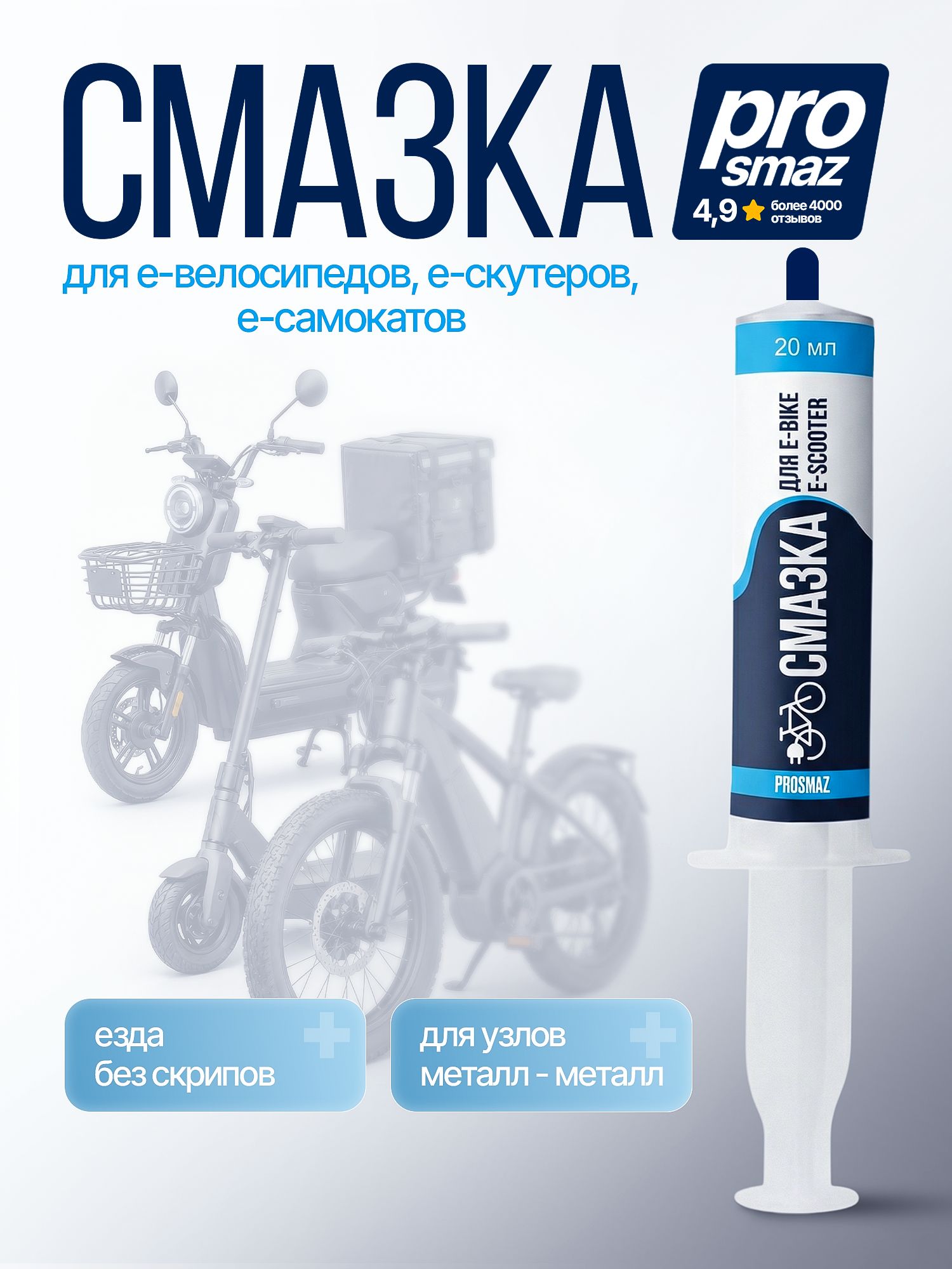 PROSMAZ Смазка для электровелосипеда, электроскутера и самоката, густая, для подшипников, цепи и резьбы велосипеда, 20 мл