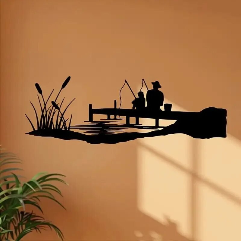 Кованая металлическая настенная панорама Рыбалка, черный силуэт, декор для дома и дачи