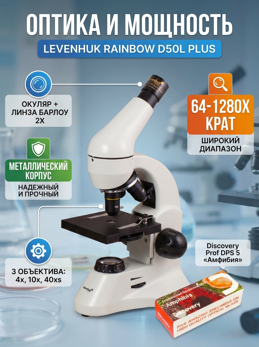 Микроскоп Levenhuk Rainbow D50L Plus 2 Мпикс MoonstoneЛунный камень в комплекте с набором микропрепаратов Levenhuk Discovery Prof DPS 5. Амфибия