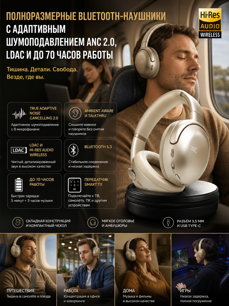 Полноразмерные Bluetooth-наушники с адаптивным шумоподавлением ANC 2.0, LDAC и до 70 часов работы