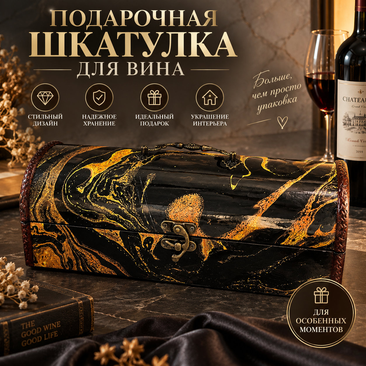 Подарочная коробка для бутылки вина, футляр с ручкой и замками, чёрно-золотой,13,33,750,13,1, дерево, для бутылки, юбилей, день рождения, праздник букваря, коробка подарочная, черный, черный/золотой,