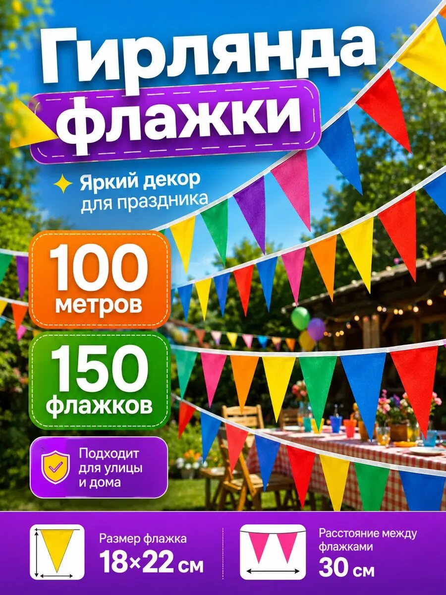 Гирлянда флажки 100м уличные, растяжка для праздника