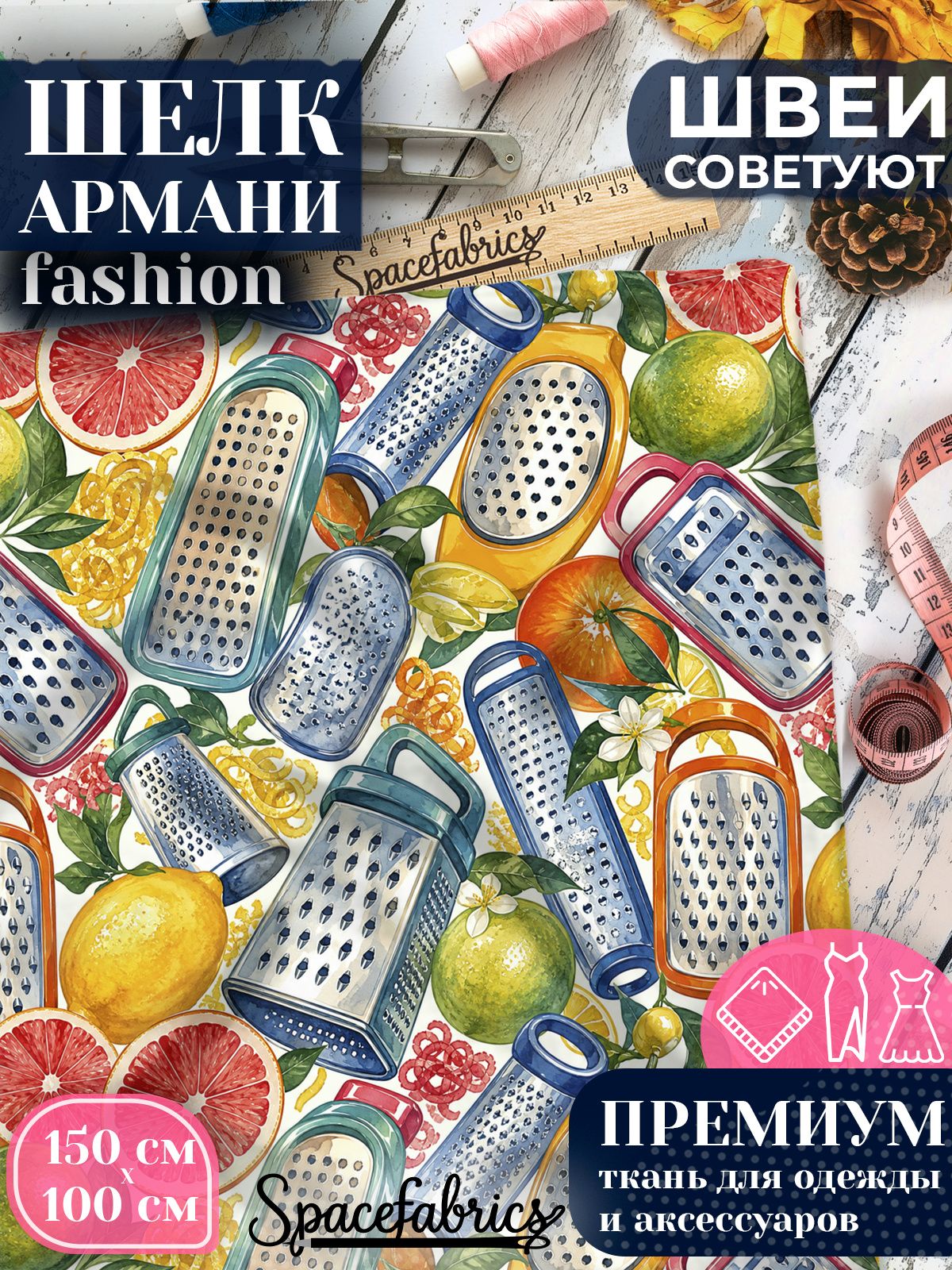 Ткань для шитья шелк Армани, искусственный атлас шелк для костюмов, платьев, юбок с принтом Кухонная утварь