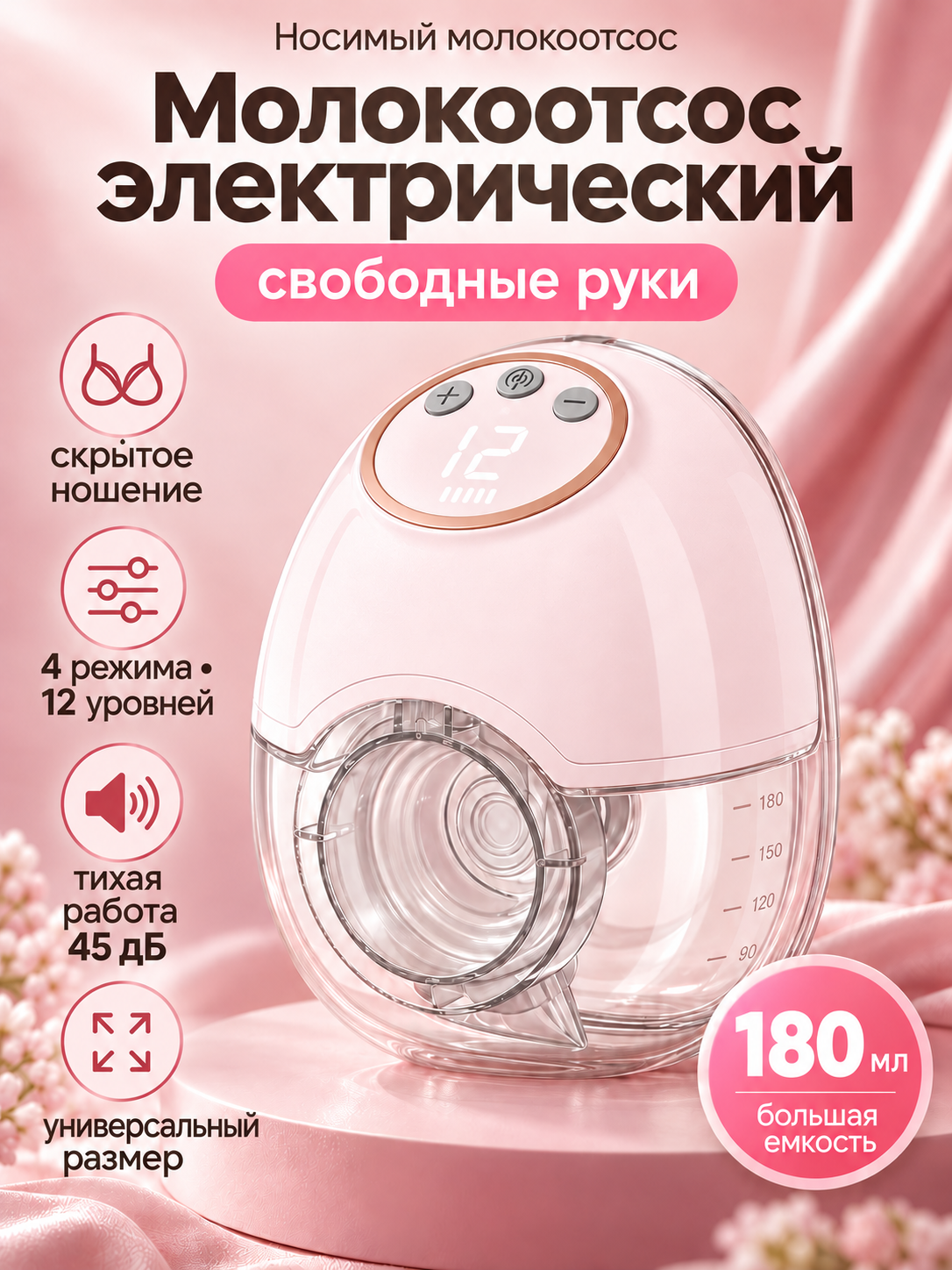 Молокоотсос электрический беспроводной портативный, одинарный, для сцеживания грудного молока, для кормящих мам, компактный, Розовый