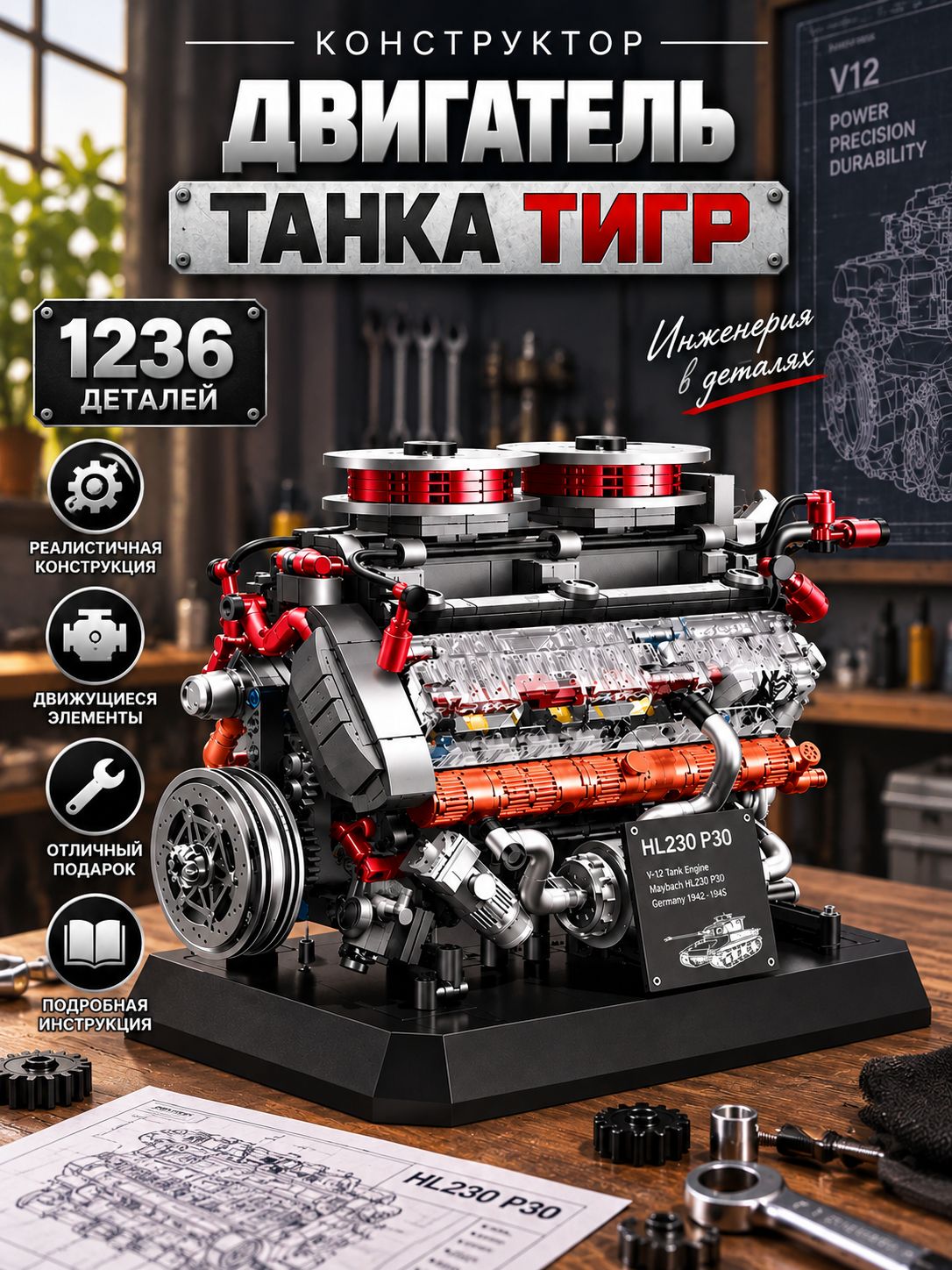 Конструктор Двигатель танка Тигр, техническая модель мотора, 1236 деталей