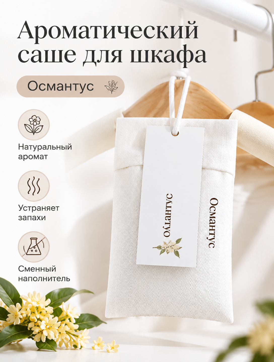Ароматический саше с чистым ароматом белой гардении для гардероба и салона машины, тканевая основа с растительным наполнителем, белая упаковка