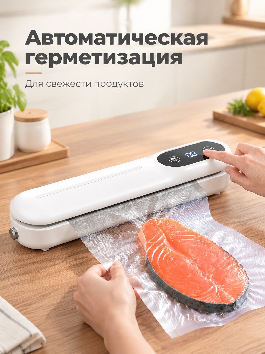 Вакуумный упаковщик для кухни с цифровым дисплеем, компактный и автоматический, Белый