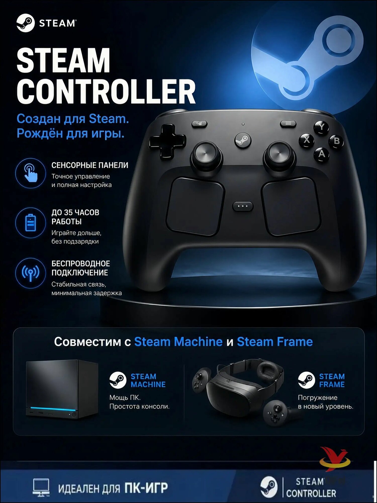 Геймпад Steam Controller беспроводной с тактильной обратной связью и магнитными джойстиками для ПК-x