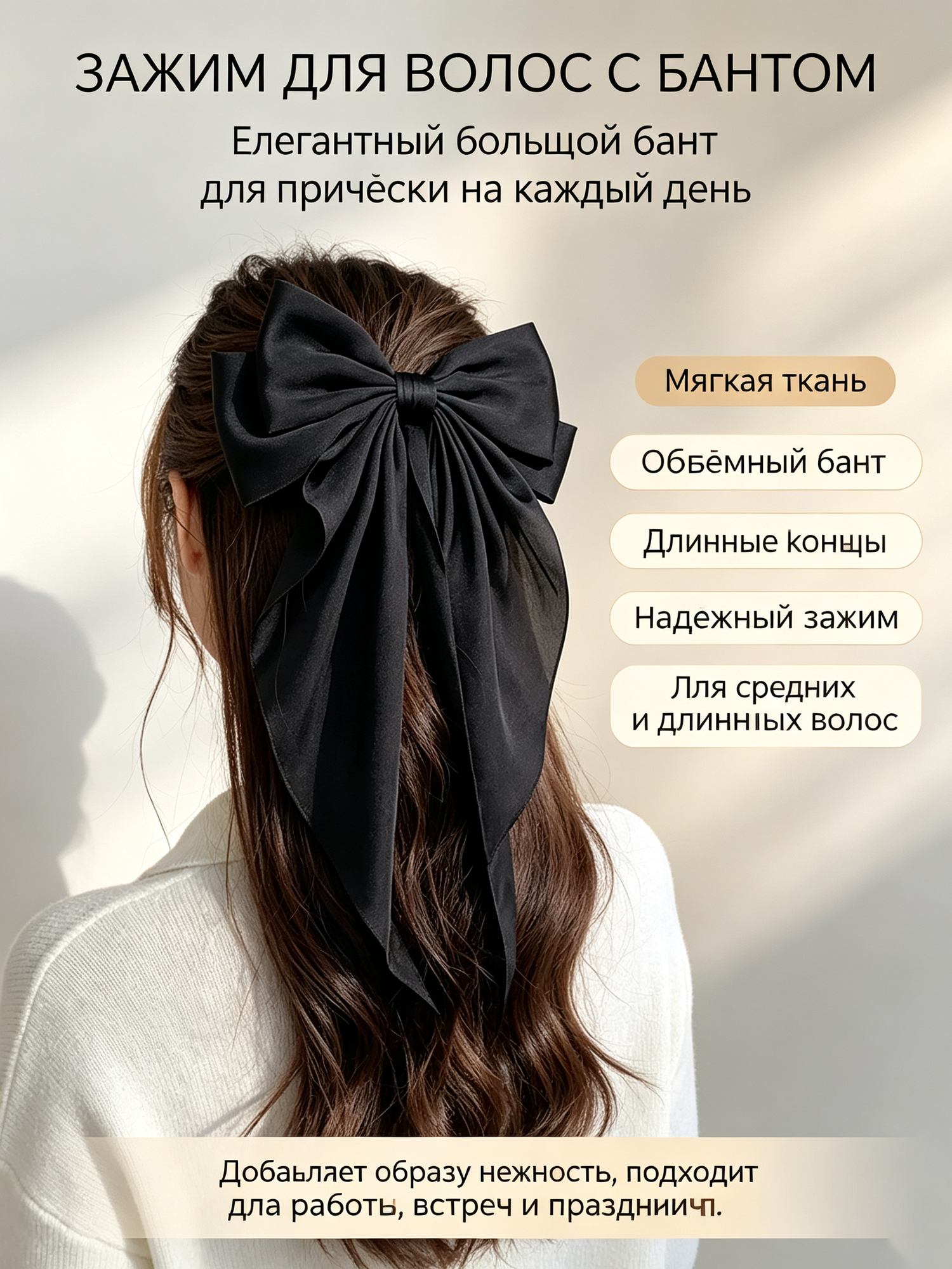 Зажим для волос с бантом, большой, объёмный, мягкая ткань, длинные концы, для средних и длинных волос, подарок 1 шт.