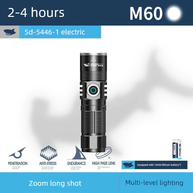 Фонарь Smiling Shark из алюминиевого сплава, высокояркий, дальнобойный, M60, для улицы, с зумом, многофункциональный,