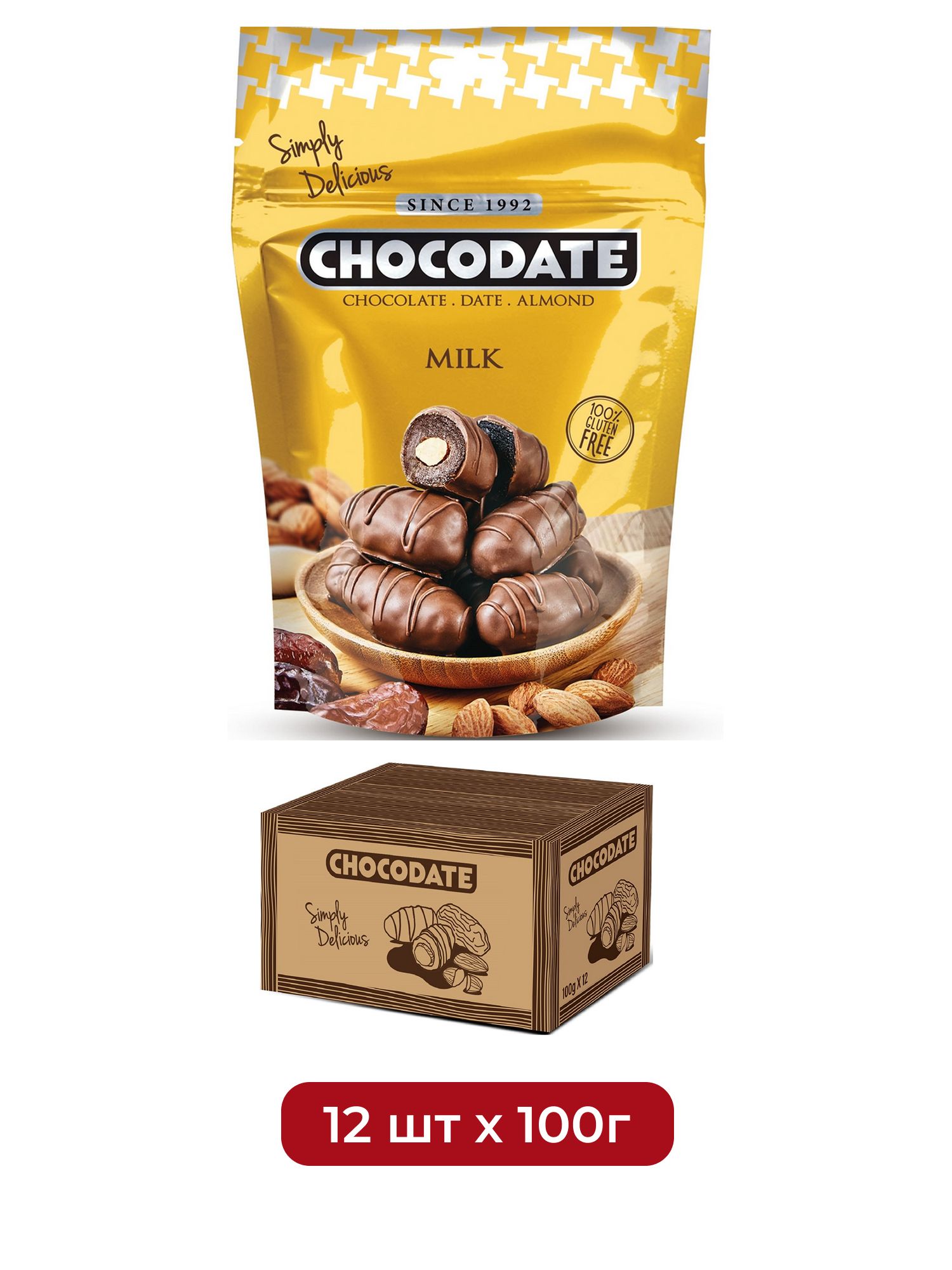 Конфеты Chocodate финики с миндалем в молочном шоколаде, 100г х 12шт.