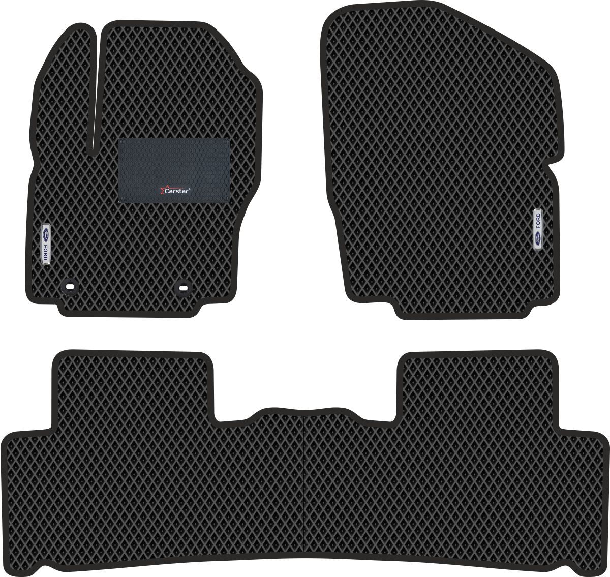 Автомобильные коврики EVA для Ford S-Max I дорестайл (2006-2010), с каучуковым подпятником и 2 эмблемами Ford, чёрные с чёрным кантом, ячейка - ромб