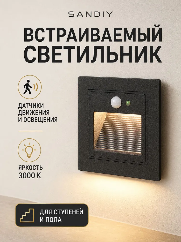 Встраиваемый настенный светильник (осветительный прибор) для лестниц, с датчиками освещенности и движения, черный цвет / 3000K / LED