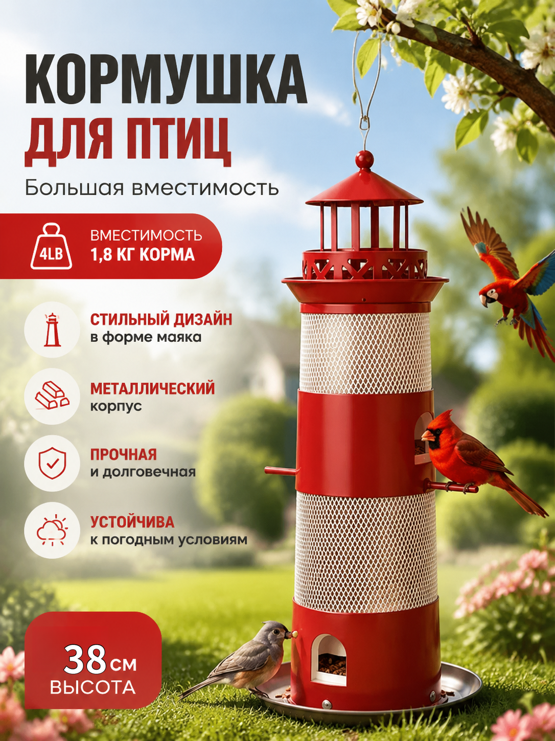 Кормушка для диких птиц, форма маяка, металл, 15x38см