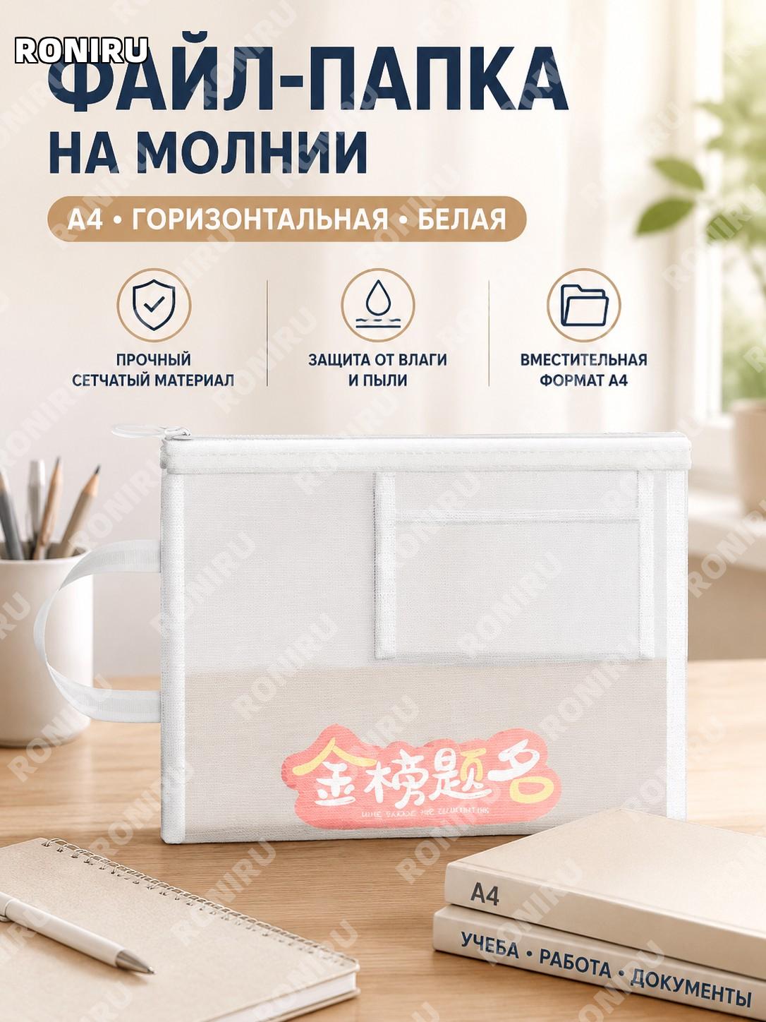 Сетчатый файл-пакет на молнии A4 белый горизонтальный 1059 для документов и тетрадей, папка-органайзер для учебы