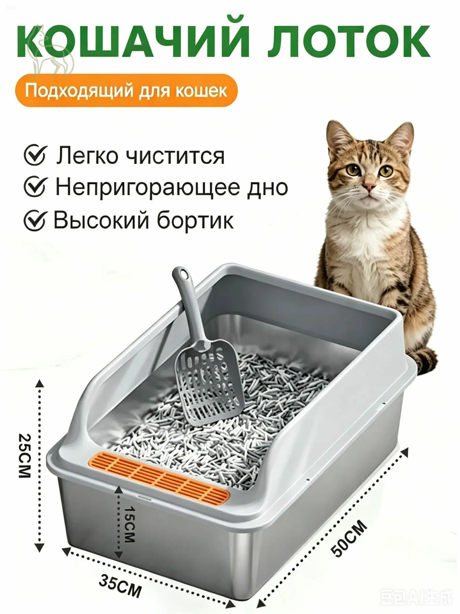 Лоток для кошек из нержавеющей стали, кошачий туалет, длительный срок службы, легко чистится / 50*35*25 / светло-серый