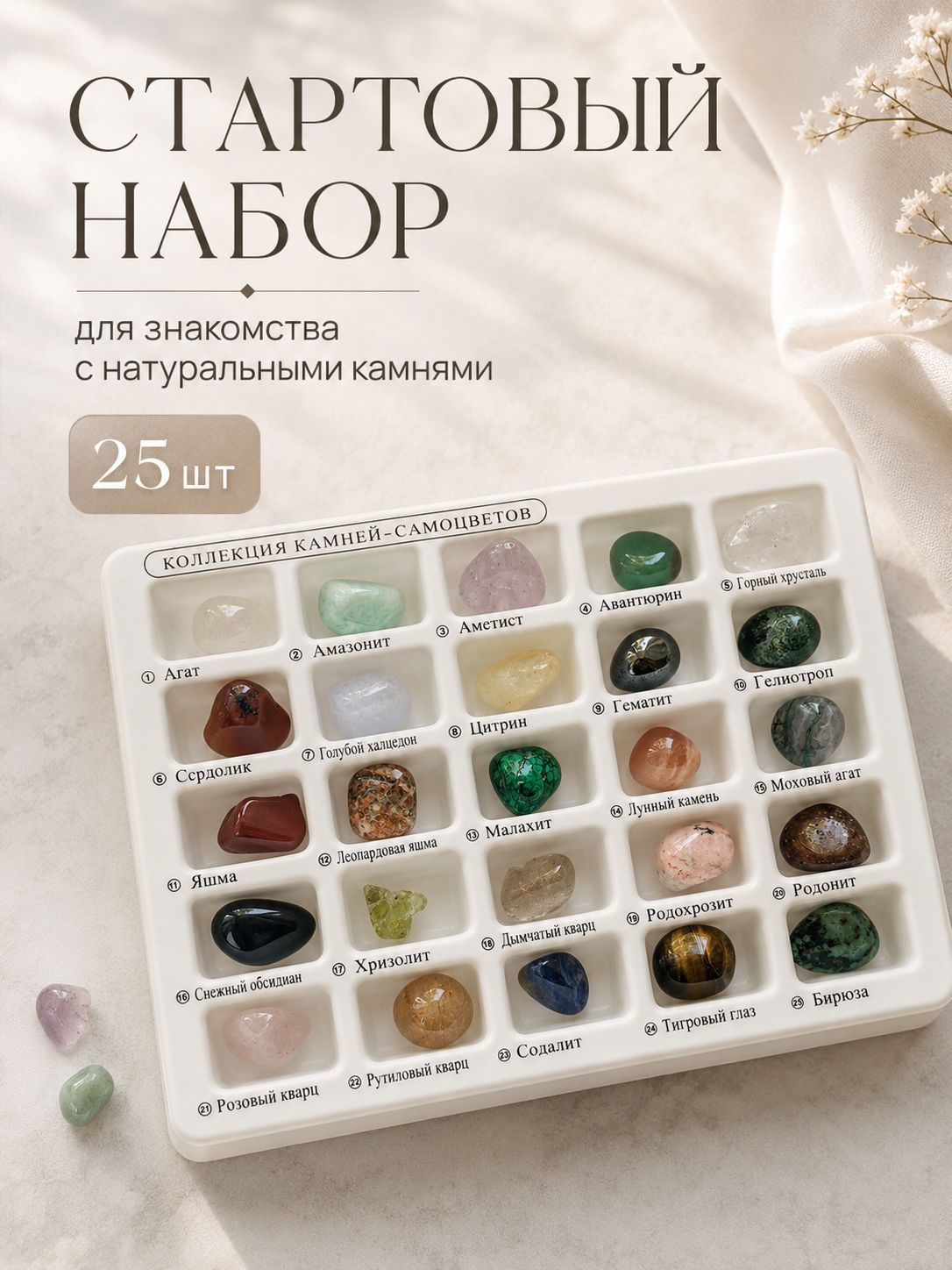 Коллекция камней-самоцветов 25 шт / мини набор натуральных минералов с названиями / кристаллы в коробке / подарок любителю камней