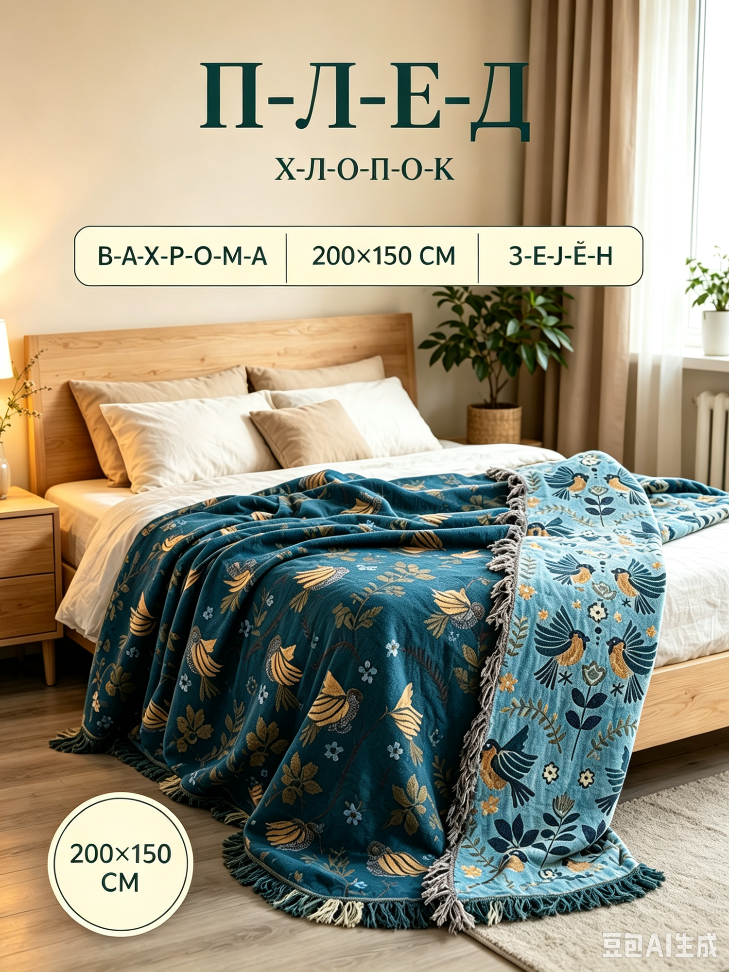 Одеяло, хлопковая клетка с цветочным принтом, с кисточками, голубое, 200×150 см, 1 штука
