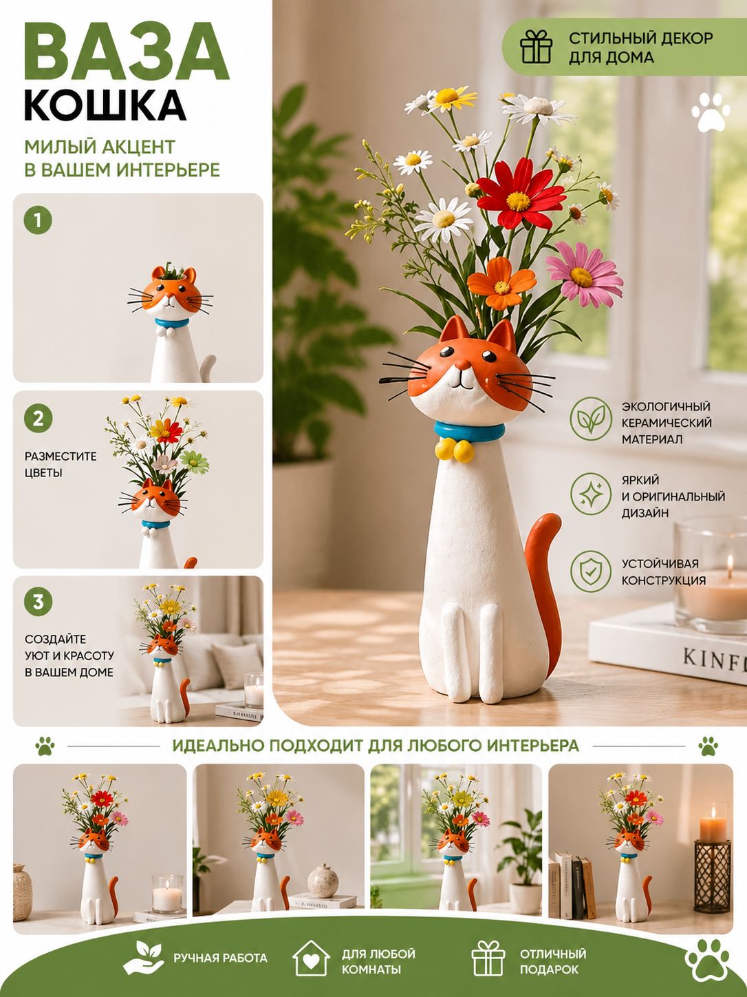Ваза "Странный кот", 12.2 см , смола, 1 шт