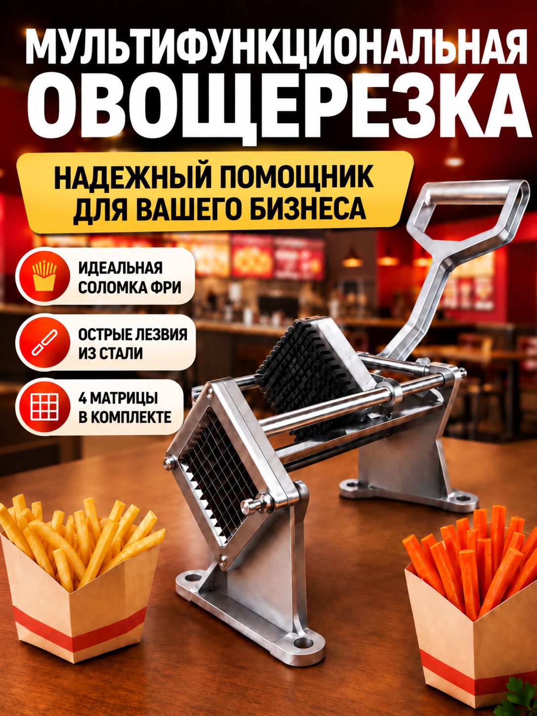 Овощерезка ручная HURAKAN HKN-HC03, пресс для нарезки картофеля фри, овощей и фруктов, 3 матрицы