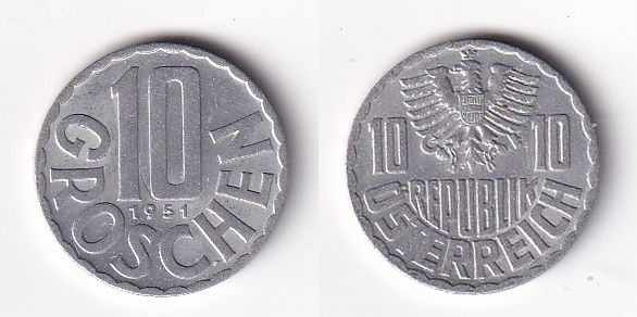 Австрия 10 грошей 1951 год