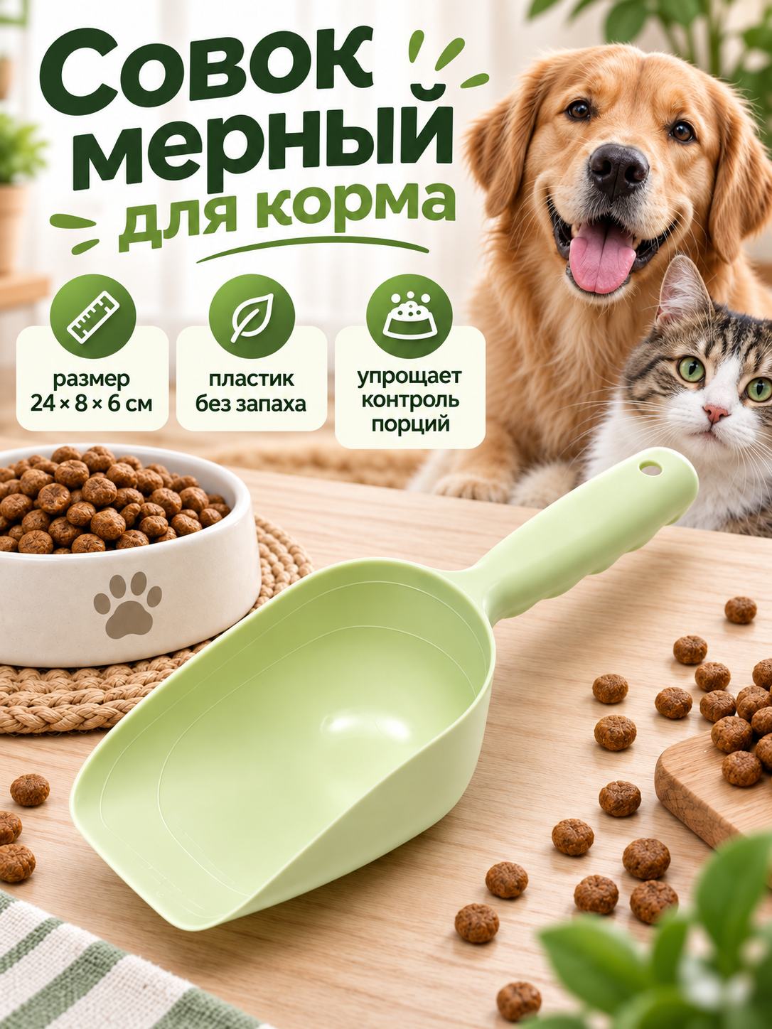 Совок мерный для корма, 24×8×6 см, зелёный