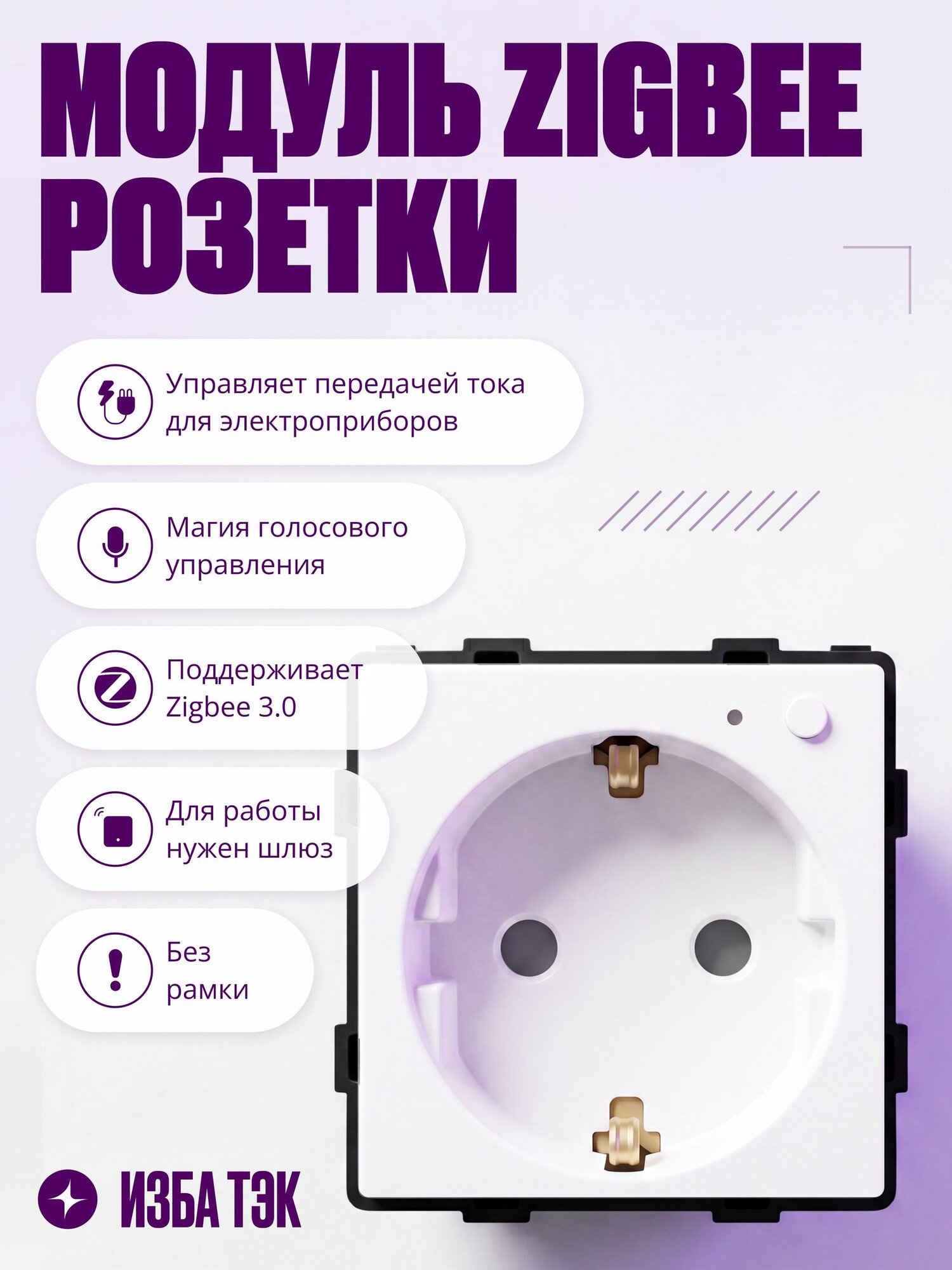 Умная розетка Zigbee, модуль без рамки, с заземлением и шторками, 16А, белая