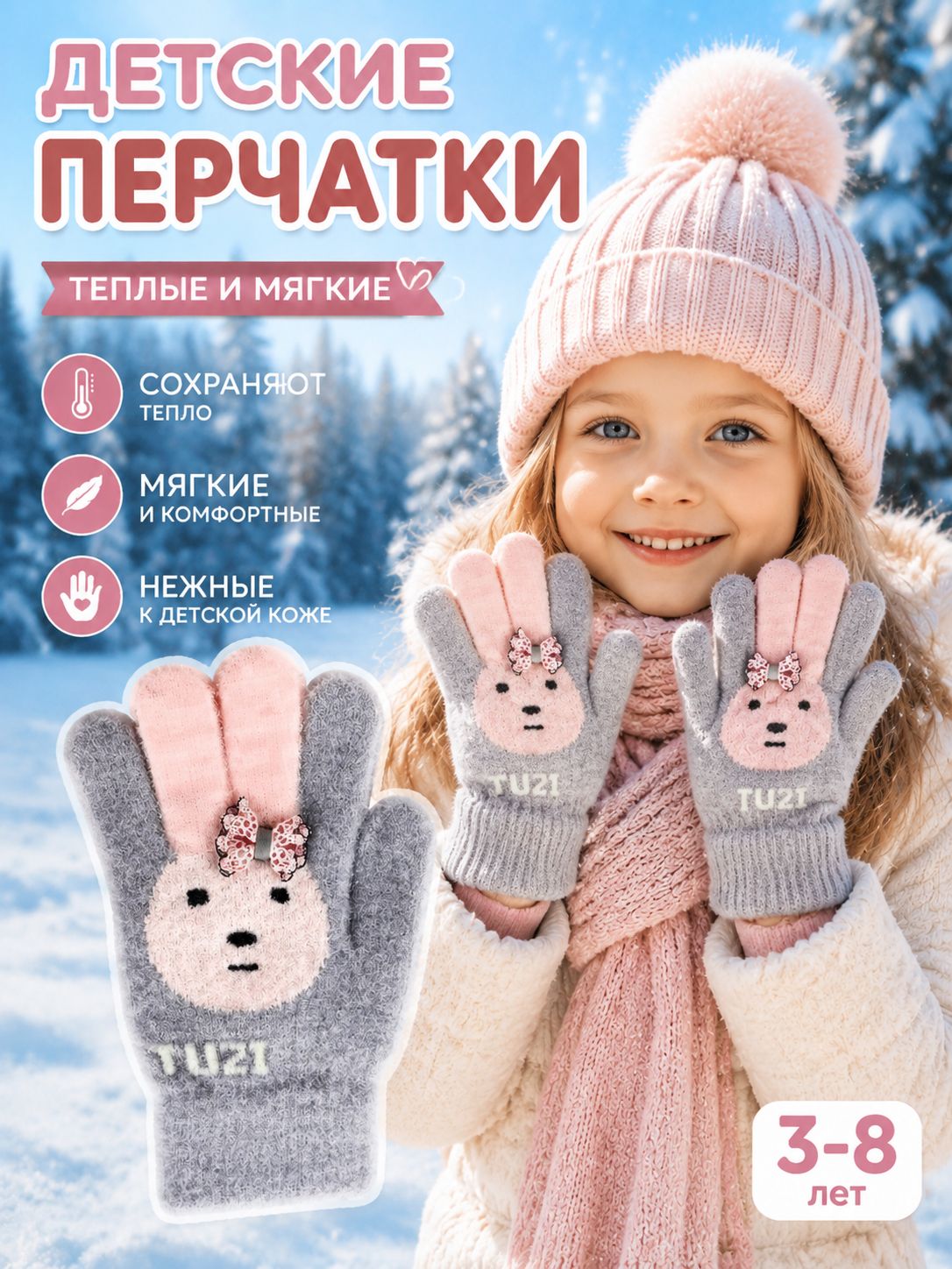 Варежки Детские вязаные перчатки с зайцем для девочек