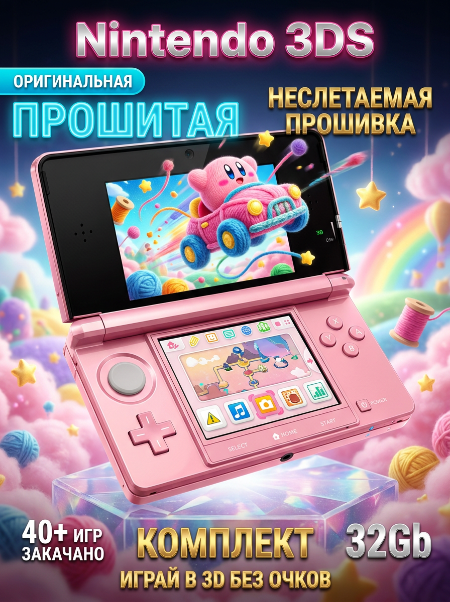 Nintendo 3DS 32Gb Pink, оригинал, мега комплект, прошиты, 40 топ игр