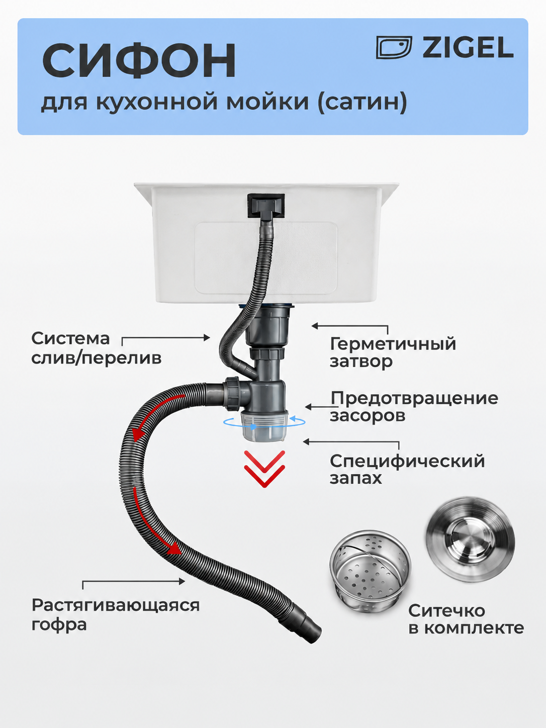 Сифон ZIGEL для кухонной мойки с переливом и гофрой 650 мм, нержавеющая сталь, сатин