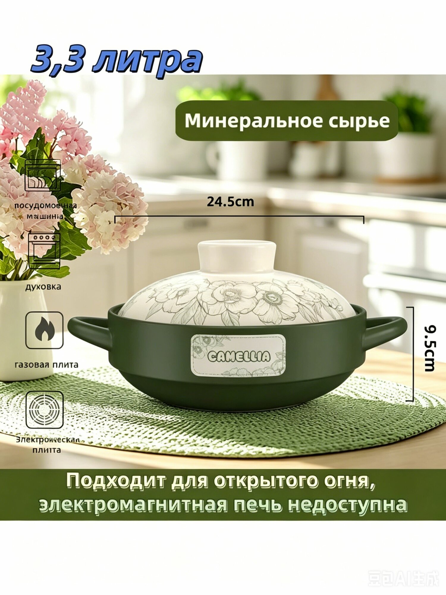 Уховарка 24.5 см 3,2 л с крышкой 1 шт керамика