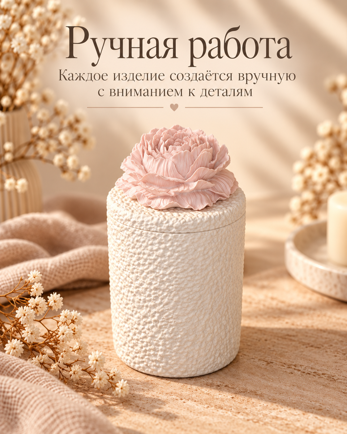 Гипсовая аромашкатулка с пионом, для украшений и мелочей, ароматическое саше — фото 1