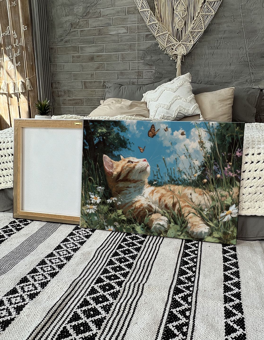 Картина на холсте (кот, бабочки, трава, ромашки, небо, облака, природа) 60x80 см. Интерьерная на стену. Украшение в комнату. В подарок.