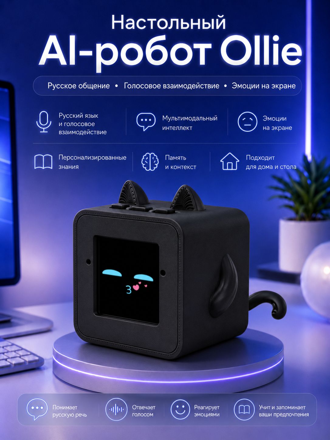 Интеллектуальный настольный робот Ollie AI, умный AI-компаньон с русским голосовым общением, эмоциями на экране, Wi-Fi 2.4G, Type-C, черный/белый/розовый